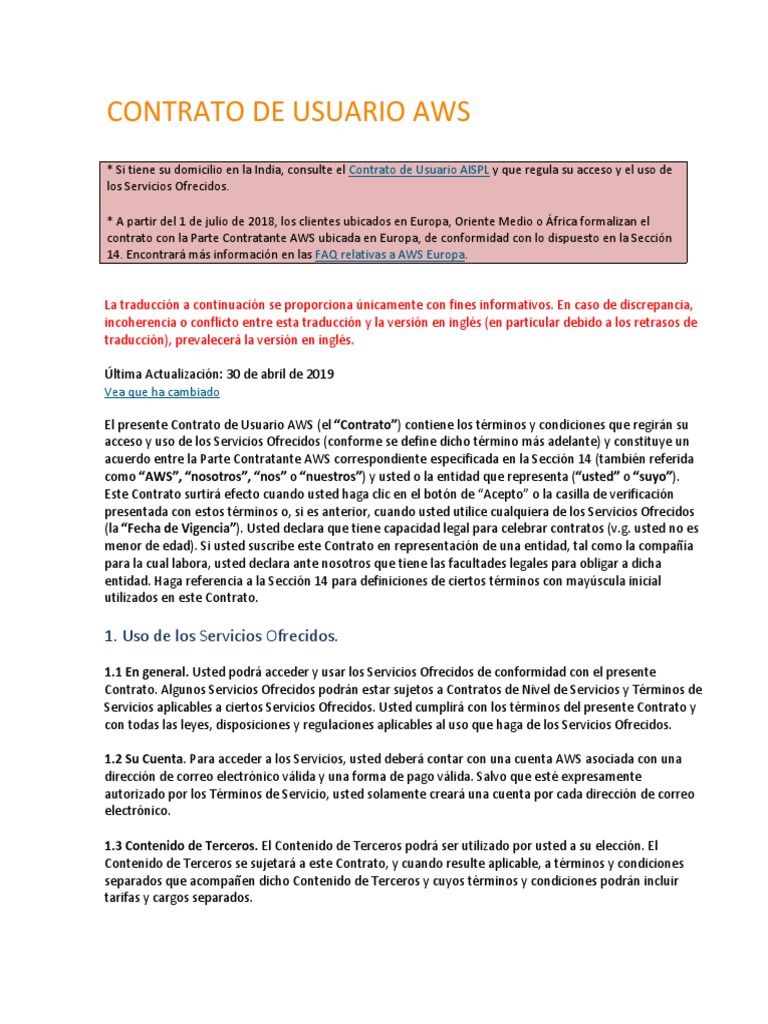 AWS Customer Agreement-ES (Actualizado 2019-04-30) | PDF | Servicios ...