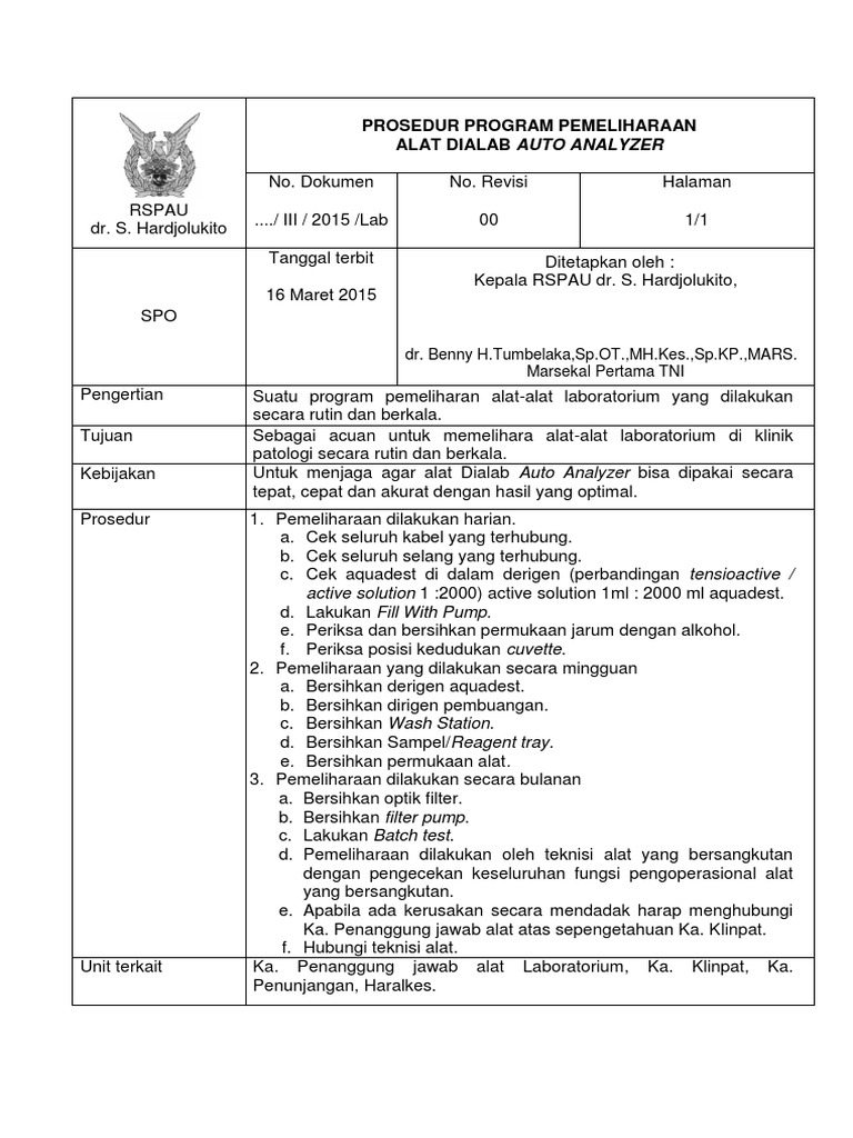 SOP Pemeliharaan Dialab Autolyzer | PDF