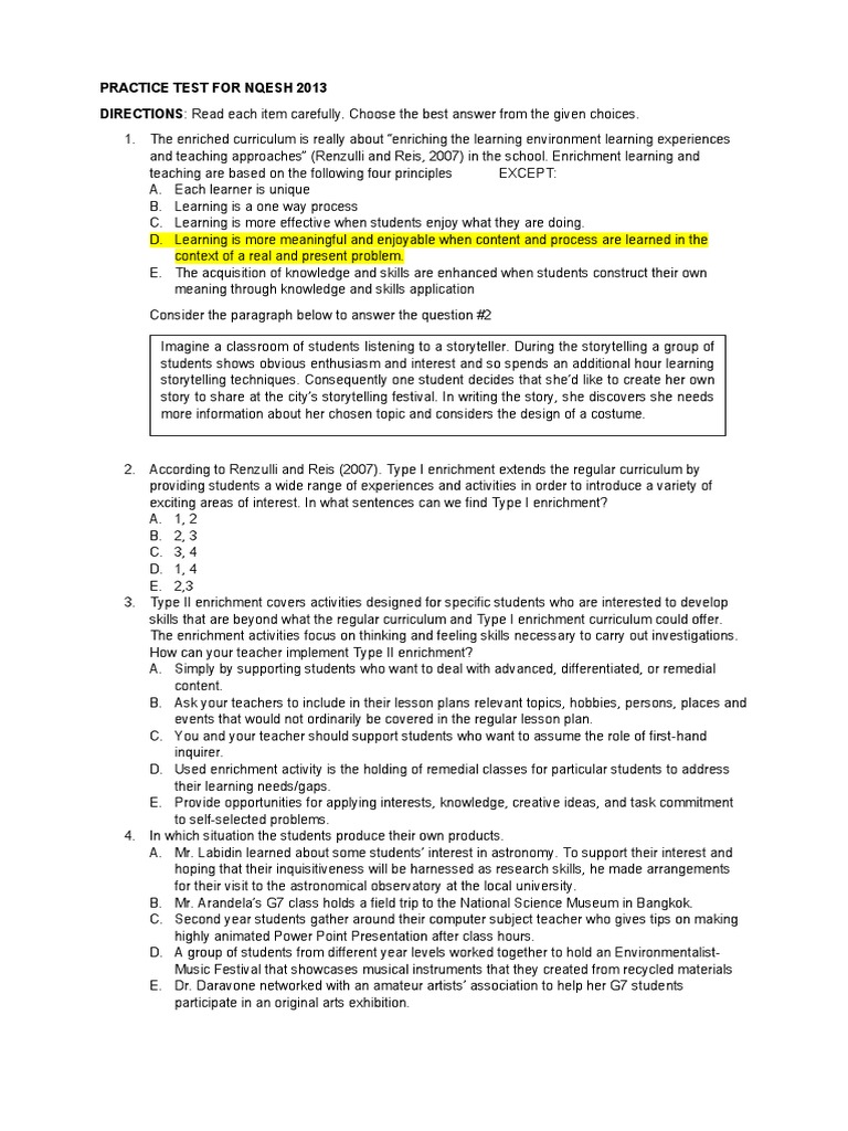 NQESH 2013 Practice Test Guide | PDF | Integrity | Leadership