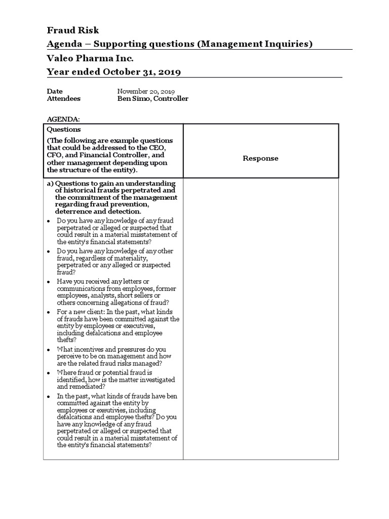 Fraud Questionnaire - 2019 | PDF | Internal Control | Fraud