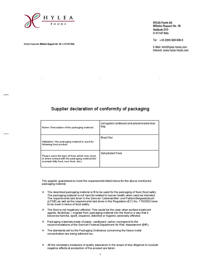 Hylea Foods - Supplier Declaration of Conformity of Packaging 2019.PDF Respuesta | PDF ...