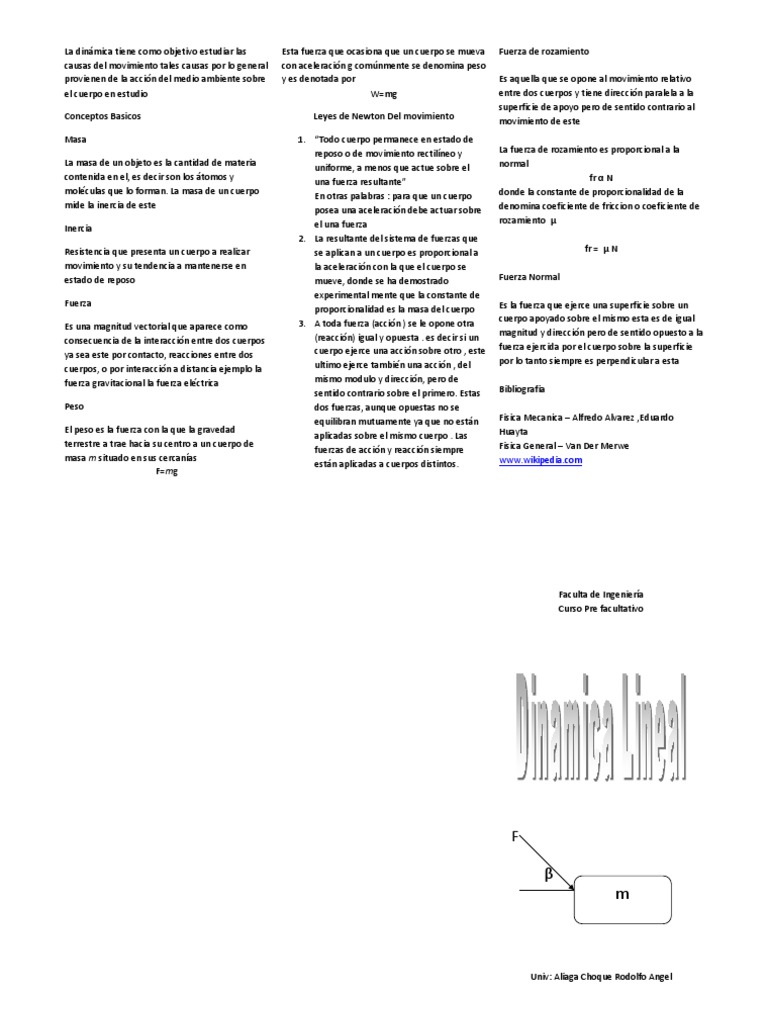 Triptico Dinamica Lineal | PDF | Fuerza | Masa