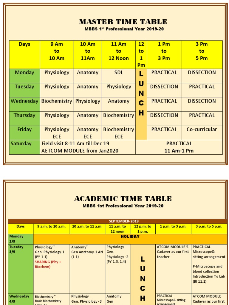 MBBS 1st Year Academic Timetable 2019-20 | PDF | Anatomy | Physiology