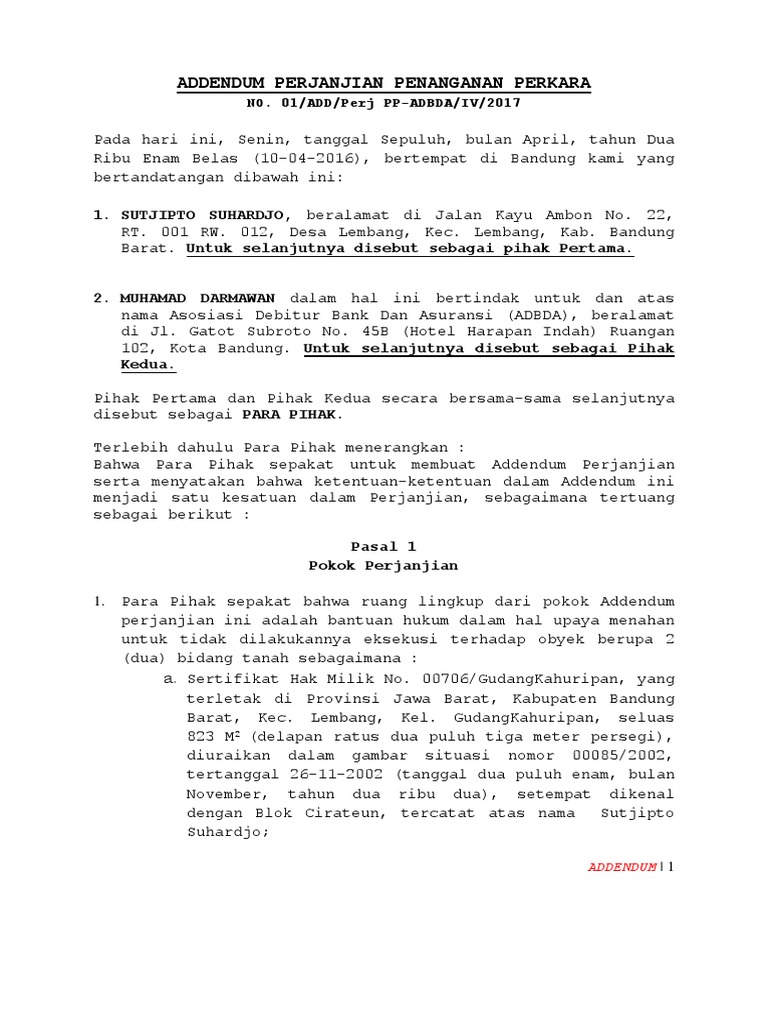 Addendum Surat Perjanjian Penanganan Perkara | PDF
