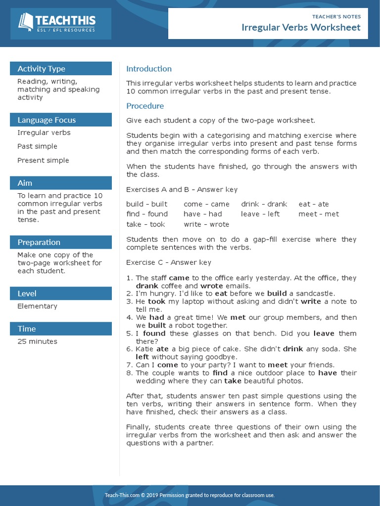 Regular Verbs Worksheet | PDF | English As A Second Or Foreign Language ...
