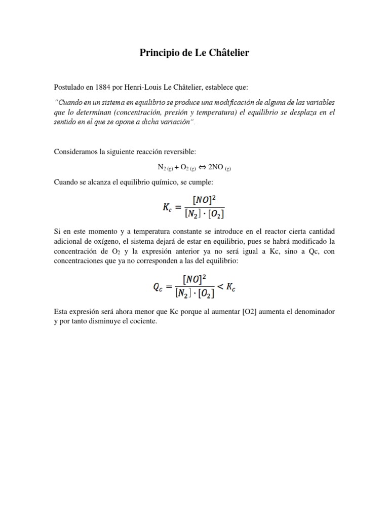 Principio de Le Châtelier | PDF | Equilibrio químico | Reacciones químicas
