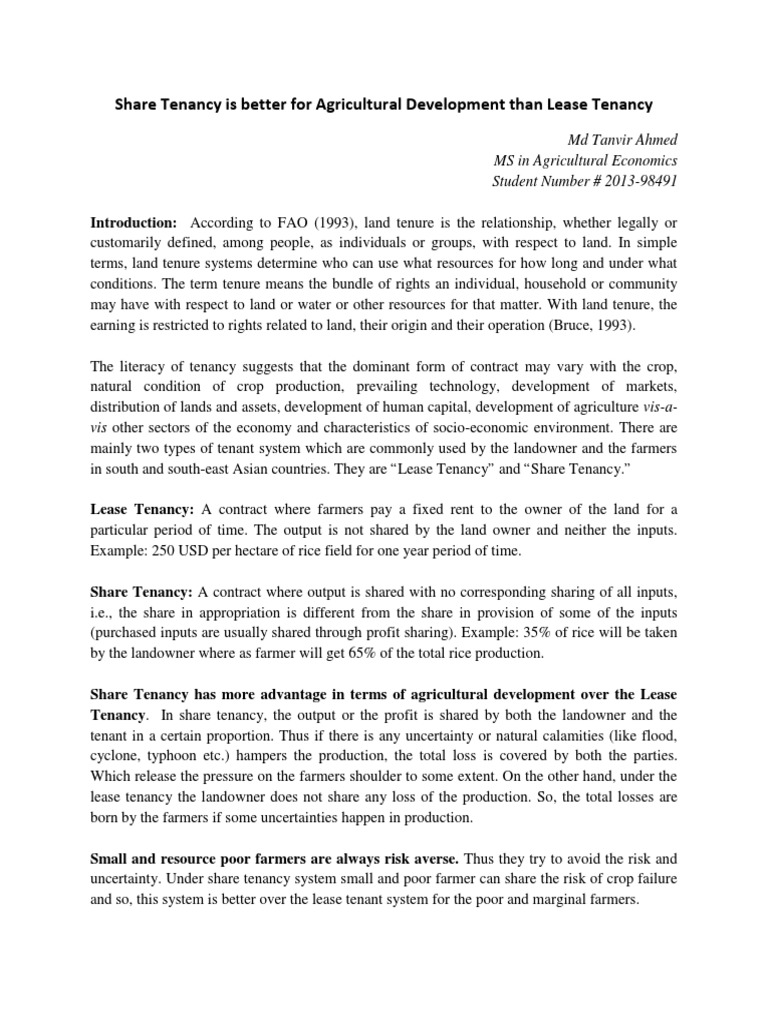 Share Tenancy Is Better For Agricultural | PDF | Leasehold Estate | Lease