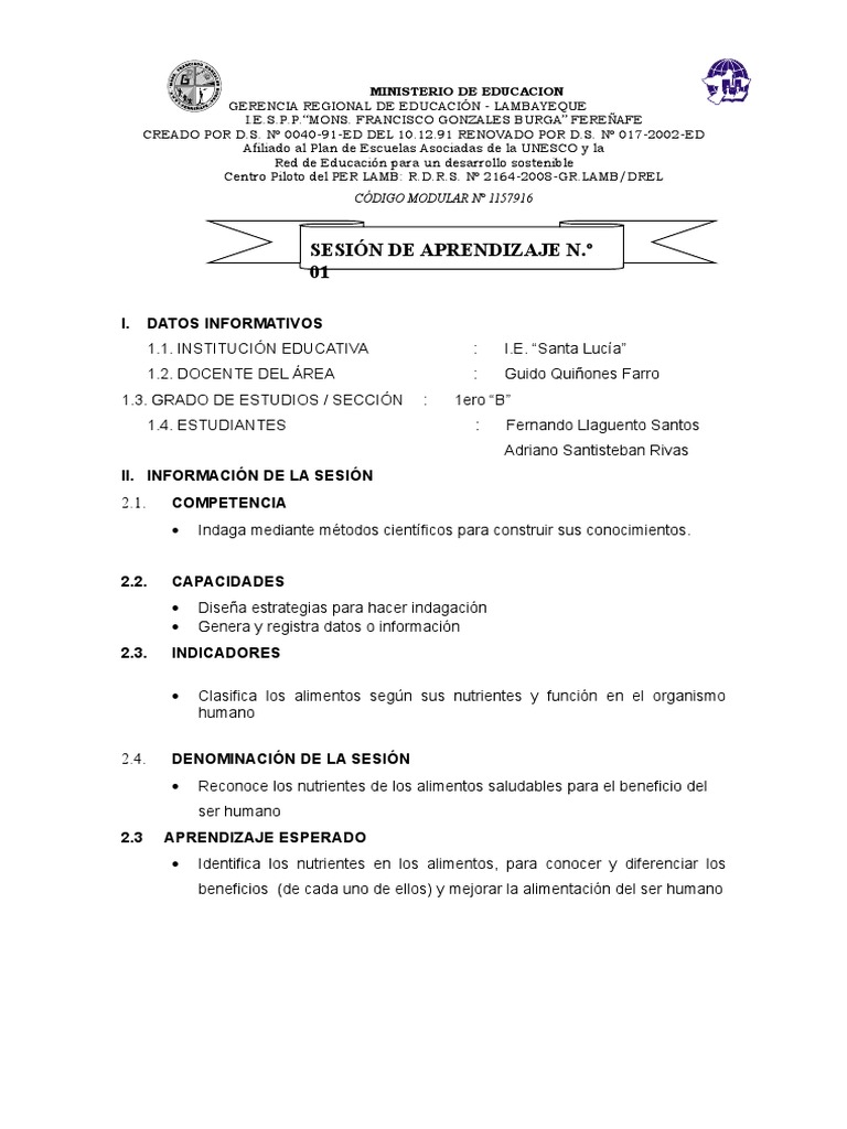 Sesión de Aprendizaje Alimentos | PDF | Alimentos | Aprendizaje