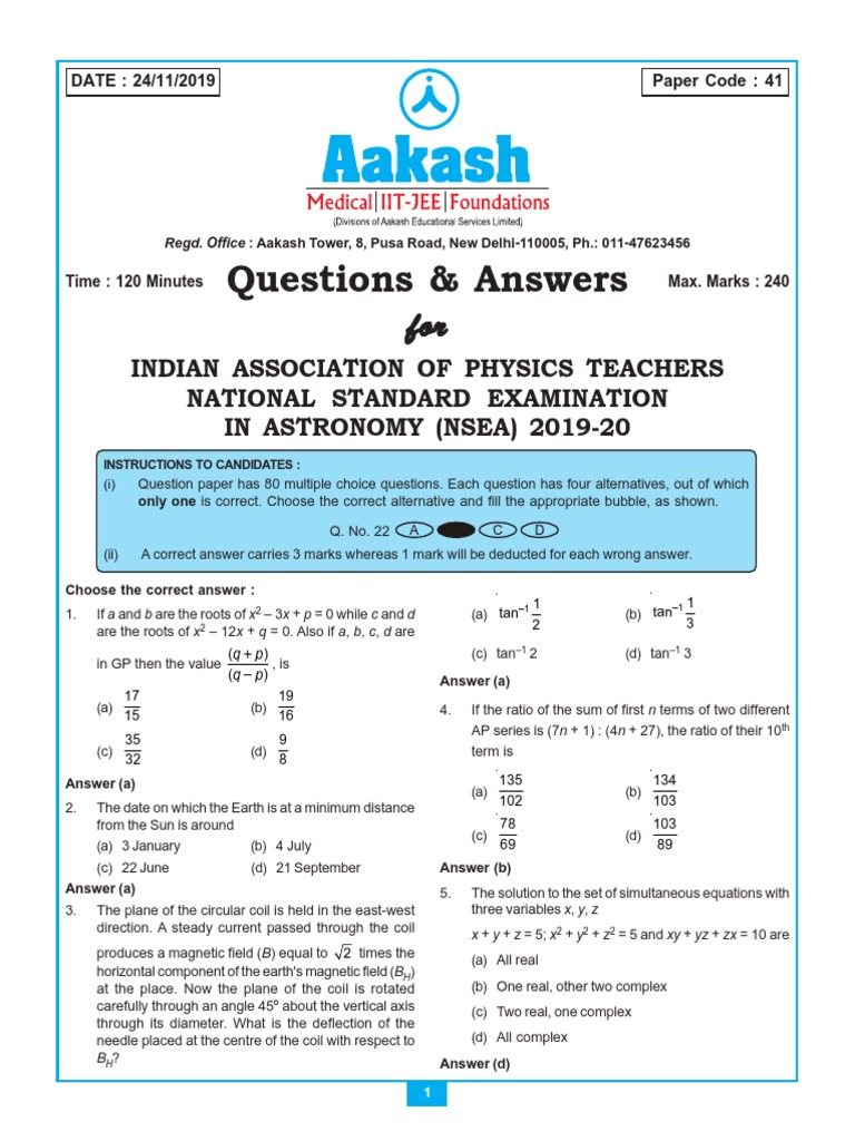 NSEA 2019-20 Astronomy Exam Paper | PDF | Apsis | Speed Of Light