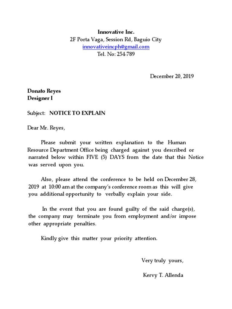 Notice To Explain SAMPLE FORM | PDF | Employment | Crime & Violence
