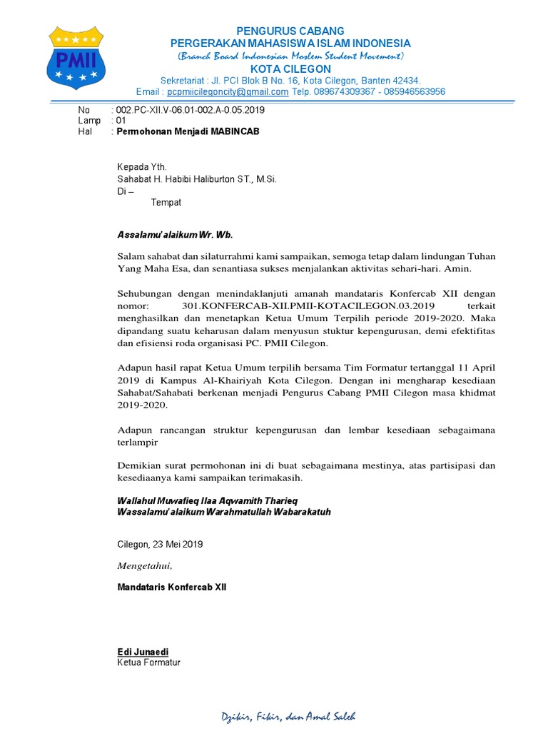 Surat Permohonan Mabincab PMII Cilegon 2019-2020 | PDF
