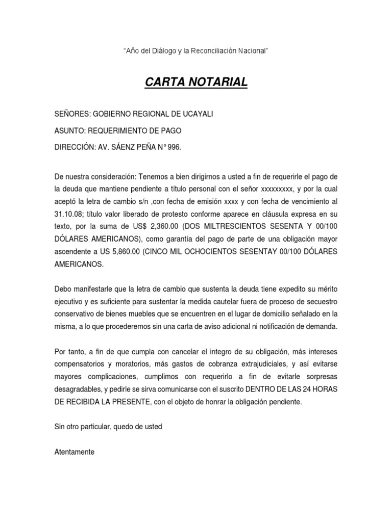 Carta Notarial de Requerimiento de Pago | PDF