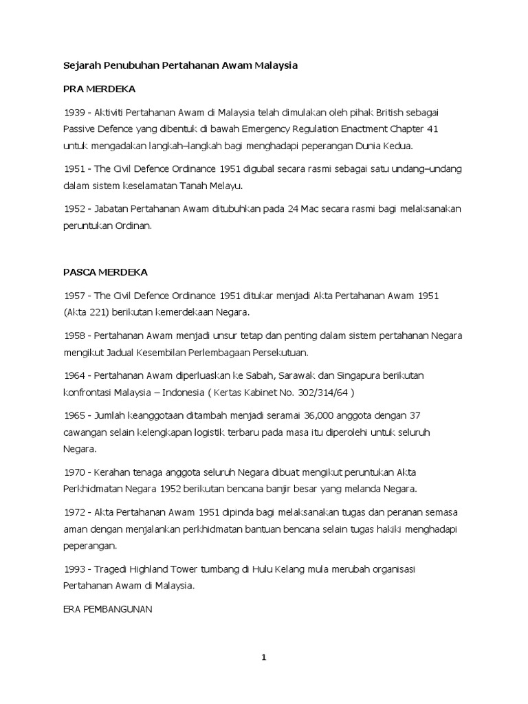 Sejarah Penubuhan Pertahanan Awam Malaysia | PDF