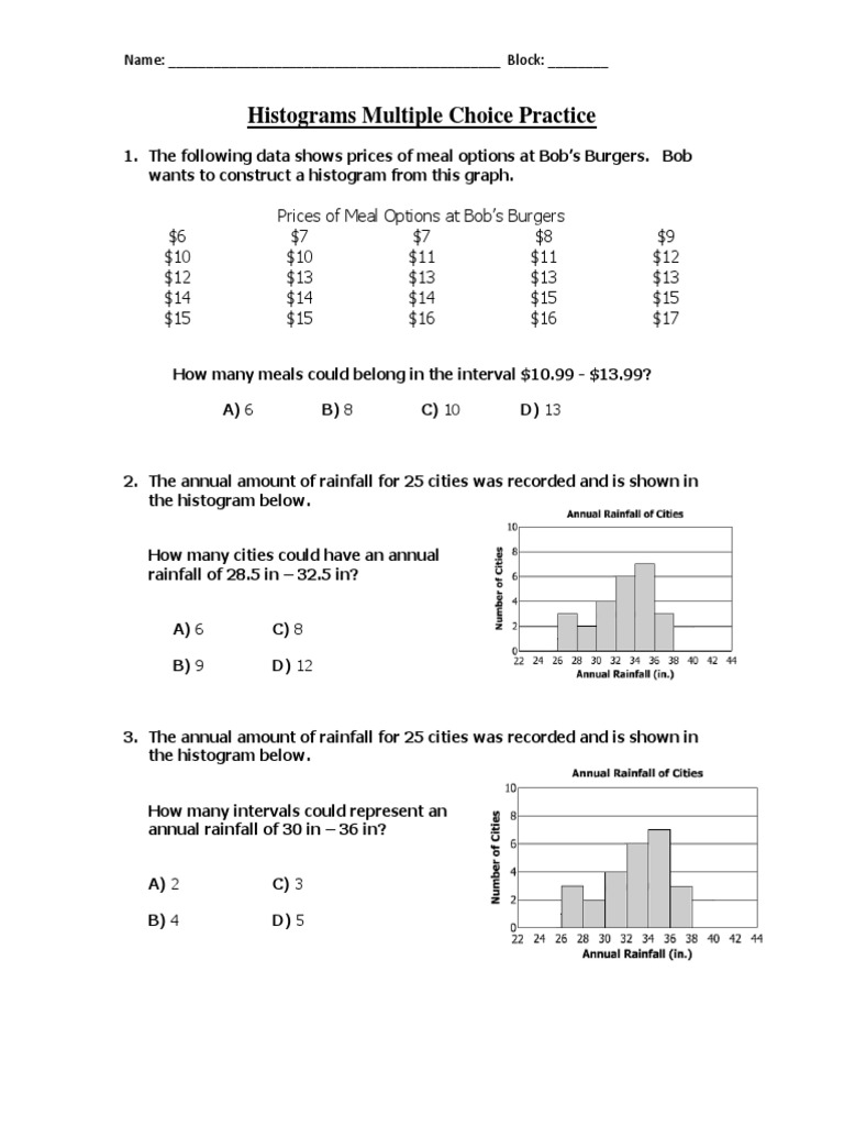 Histograms Multiple Choice Practice Pdf Histogram Business 8854