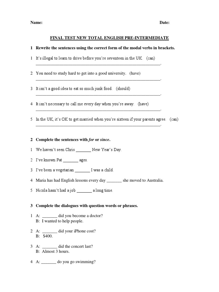 Final Test for Pre-Intermediate English | PDF | Semiotics | Grammar