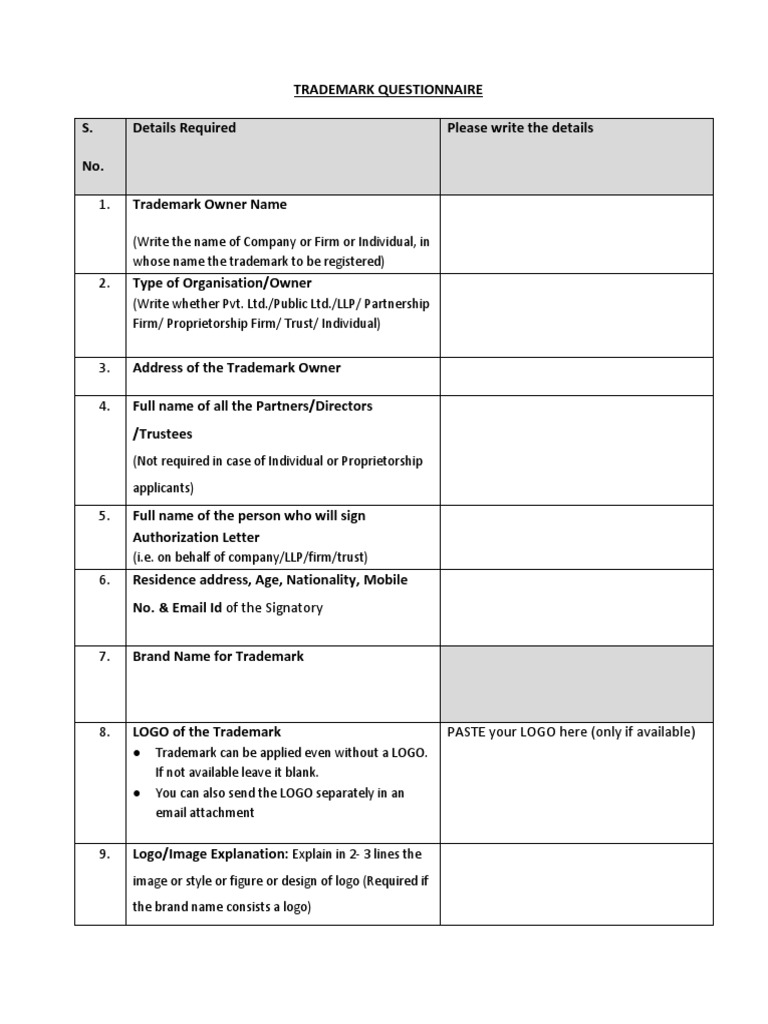 A) TM Questionnaire | PDF | Trademark | Logos