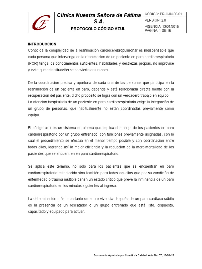 Protocolo Codigo Azul | PDF | Paro cardíaco | Reanimación cardiopulmonar