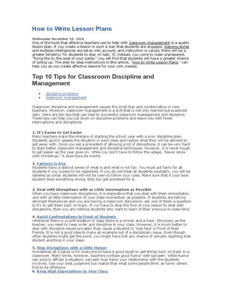 How To Write Lesson Plans | PDF | Classroom Management | Teachers