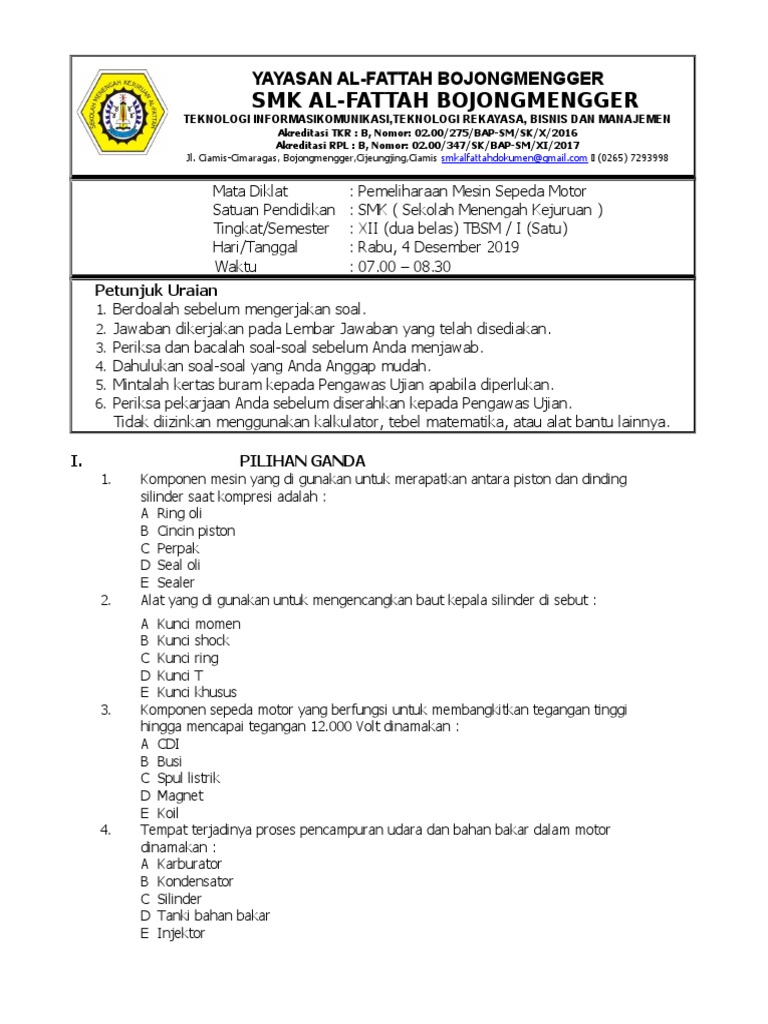 Soal Pemeliharaan Mesin - XII TBSM | PDF