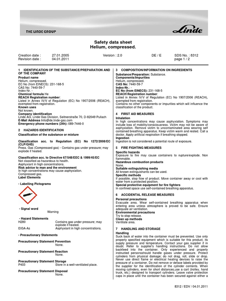 MSDS Helium Linde | PDF | Gases | Prevention