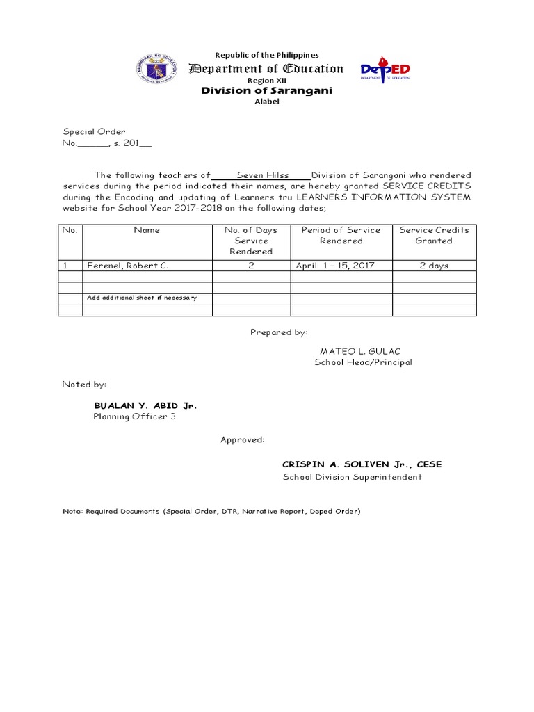 Service Credits - Special Order With Narrative Report Template (LIS ...