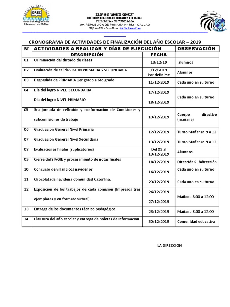 Cronograma de Actividades de Finalización Del Año Escolar 2019 | PDF ...