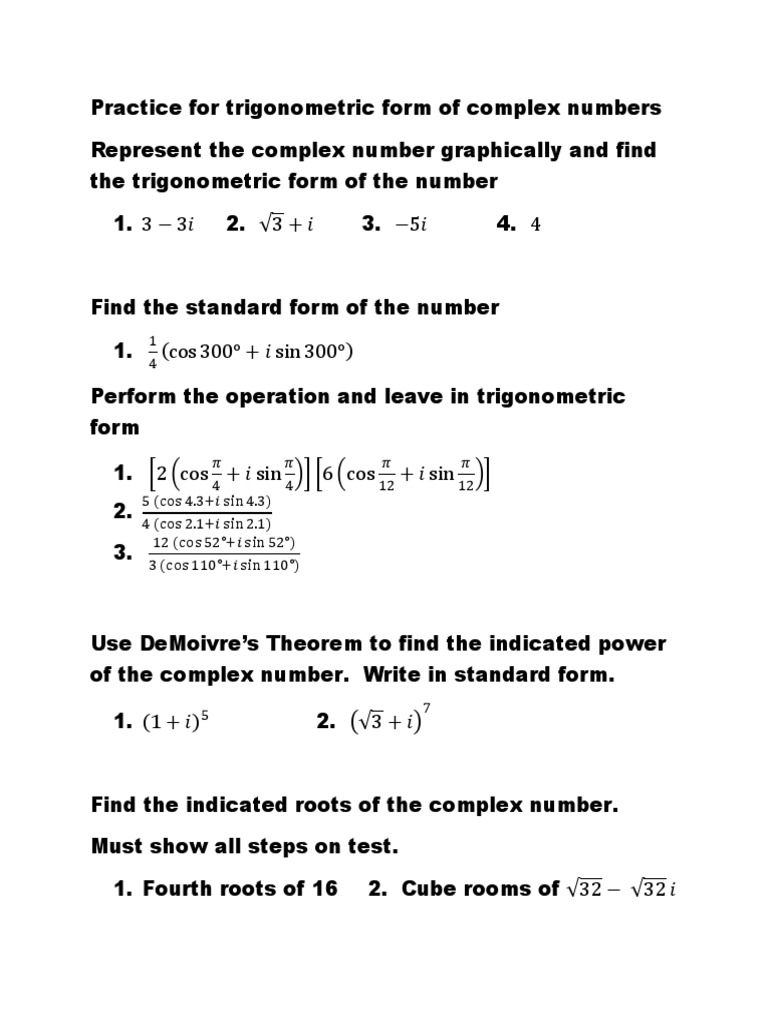 Review Answers and Answers For Practice For Trigonometric Form of ...