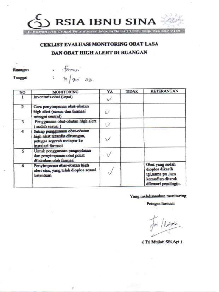 Checklist Evaluasi Monitoring Obat Lasa Dan Obat High Alert PDF | PDF