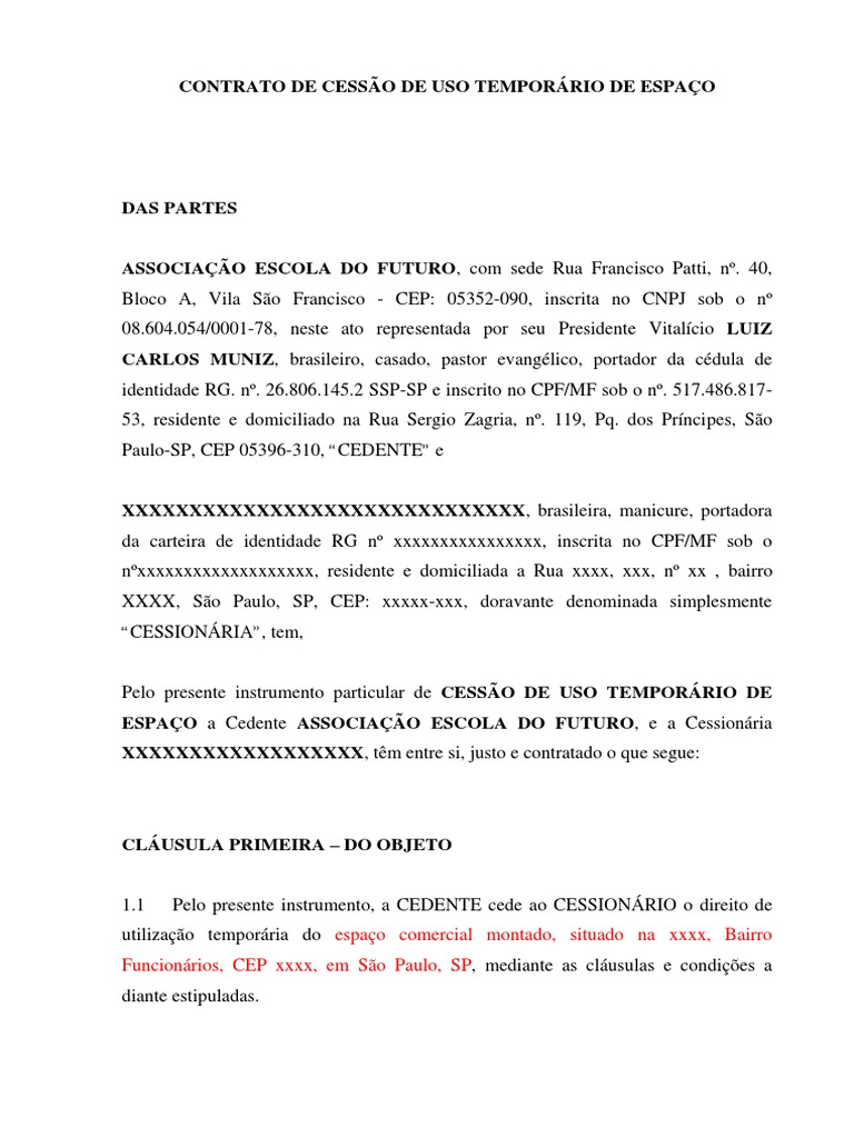 Contrato De Cessão De Espaço Pdf Terceirização Economias