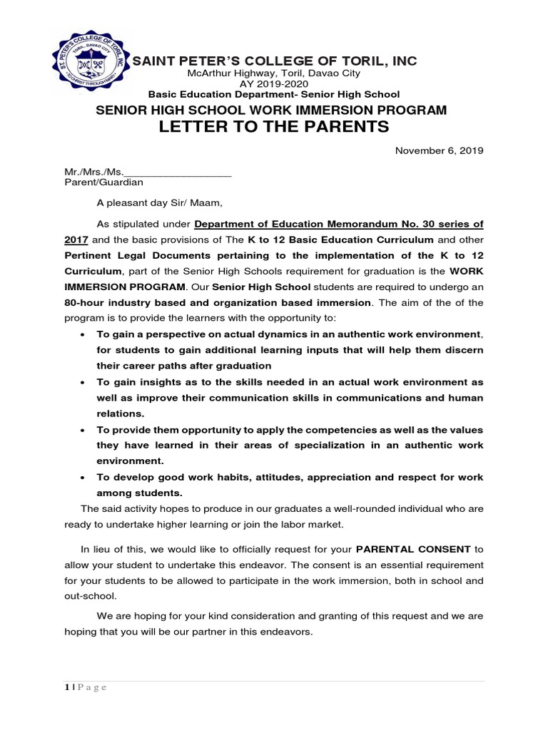 Letter To The Parents - Revised | PDF | Education Theory | Teaching