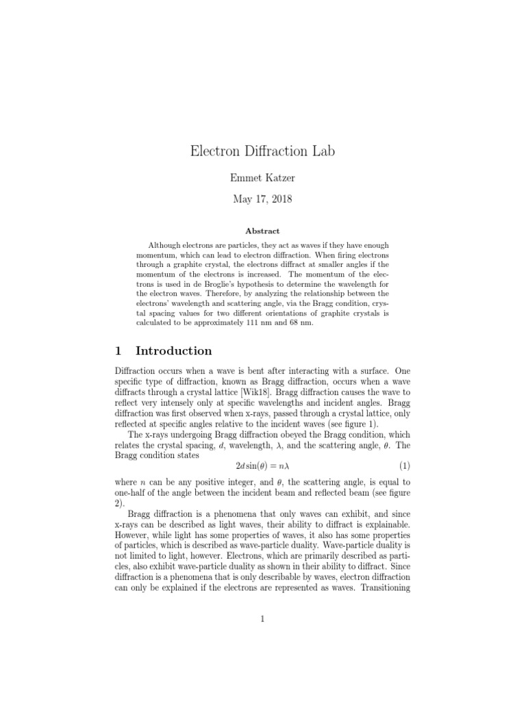 Electron Diffraction Lab Report - Katzer | PDF | Diffraction | Wavelength