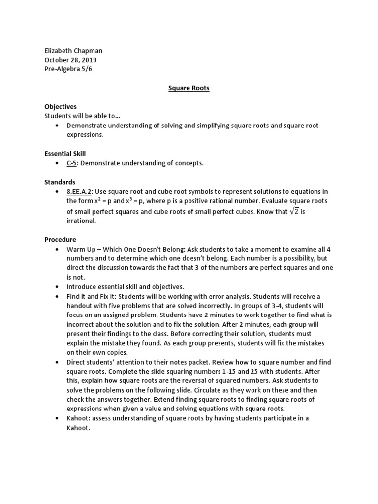 Square Roots Lesson | Download Free PDF | Square Root | Cognition