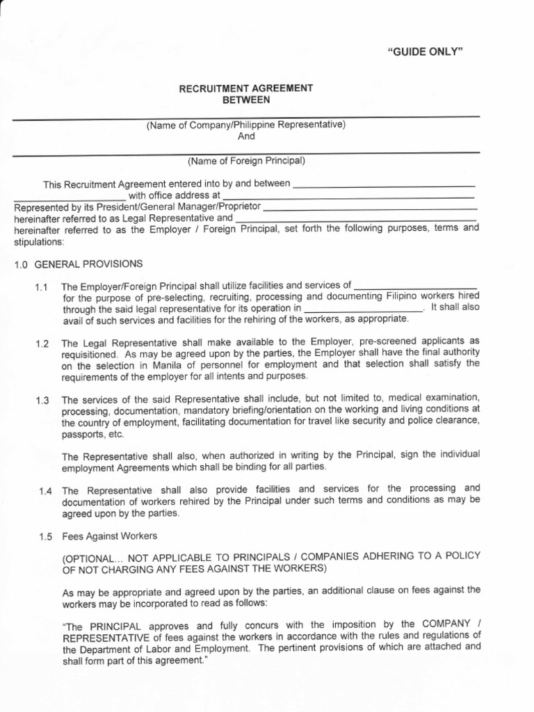 Sample Recruitment Agreement - Poea Template PDF | PDF | Employment | Fee