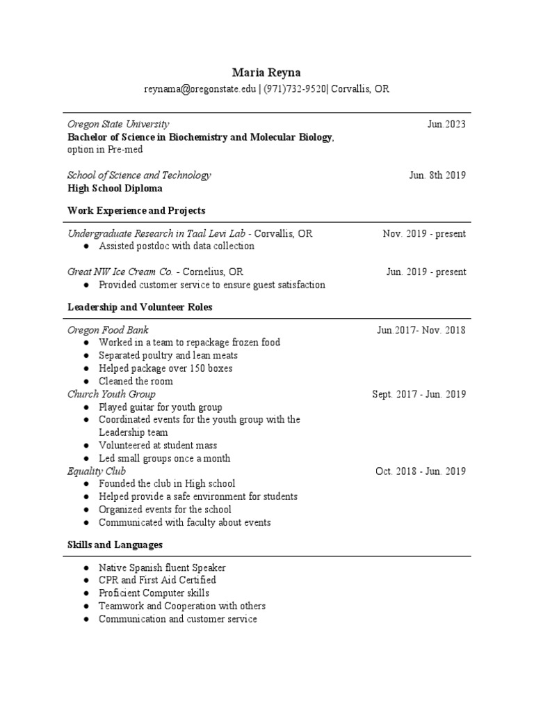 Maria Reyna's Biochemistry Resume | PDF | Wellness