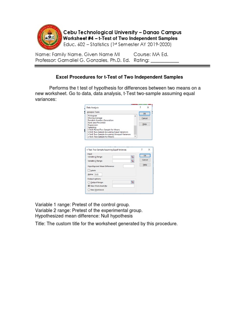 WS4 T-Test of Two Independent Samples | PDF | Student's T Test | P Value