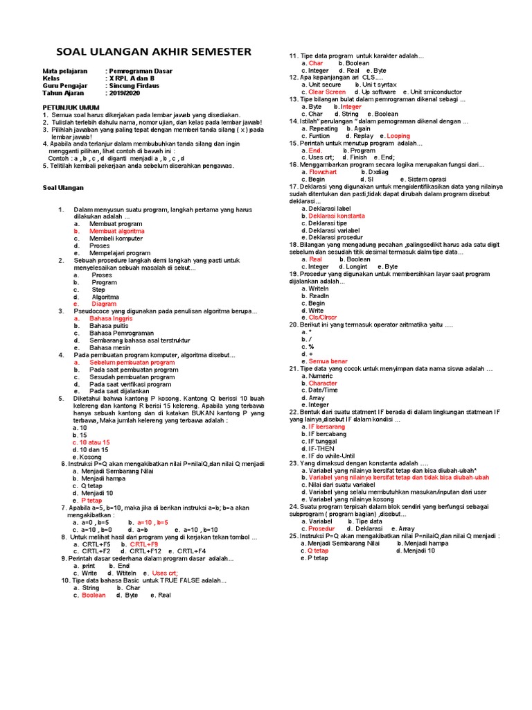Soal Dan Jawaban Ulangan Dasar Pemrograman | PDF