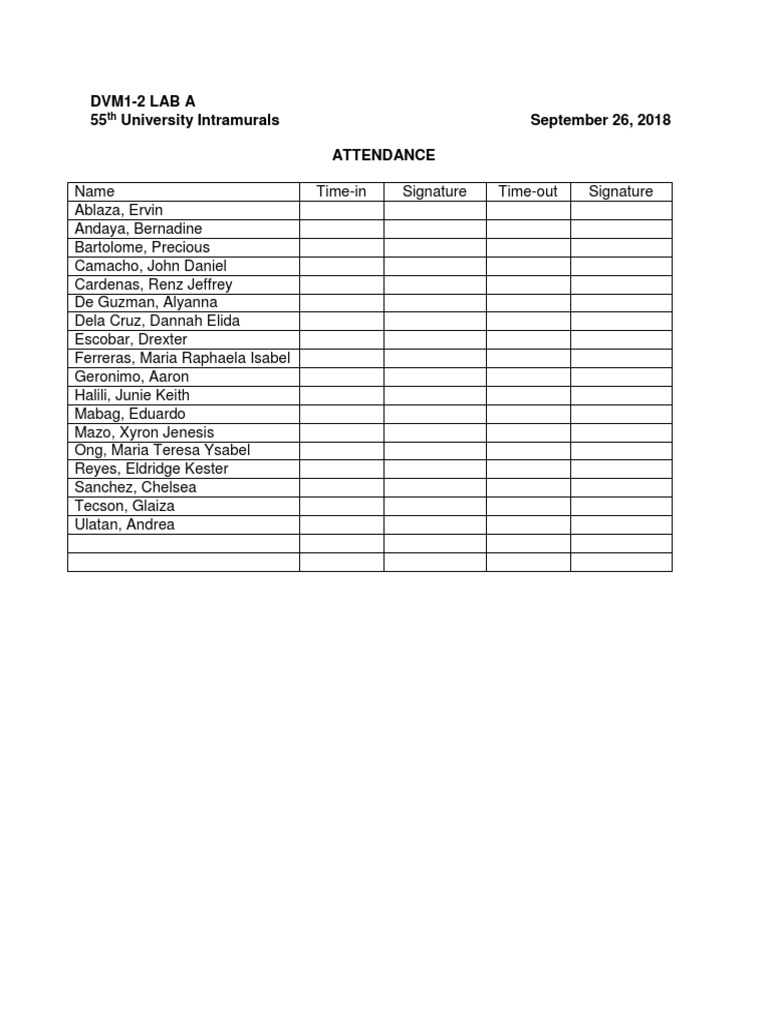 Attendance Sheet Intrams | PDF