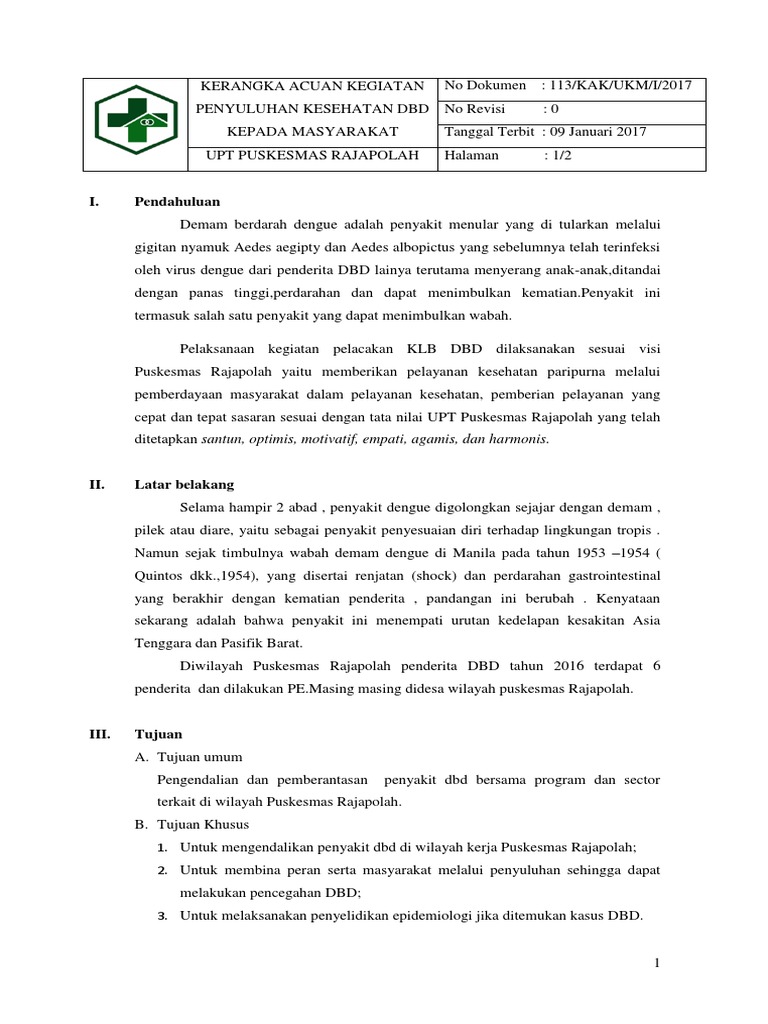 Kerangka Acuan Kegiatan Pelacakan KLB DBD | PDF