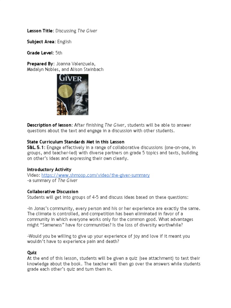5th Grade Discussion on The Giver | PDF | Wellness
