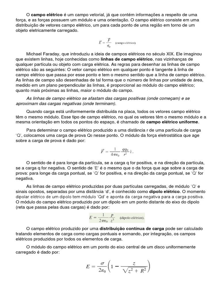 Resumo - O Campo Elétrico | PDF | Campo elétrico | Carga elétrica