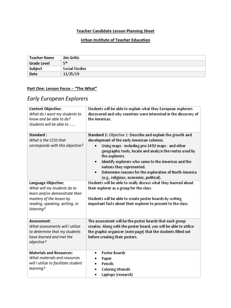 Early European Explorers Lesson Plan | PDF | Teachers | Lesson Plan