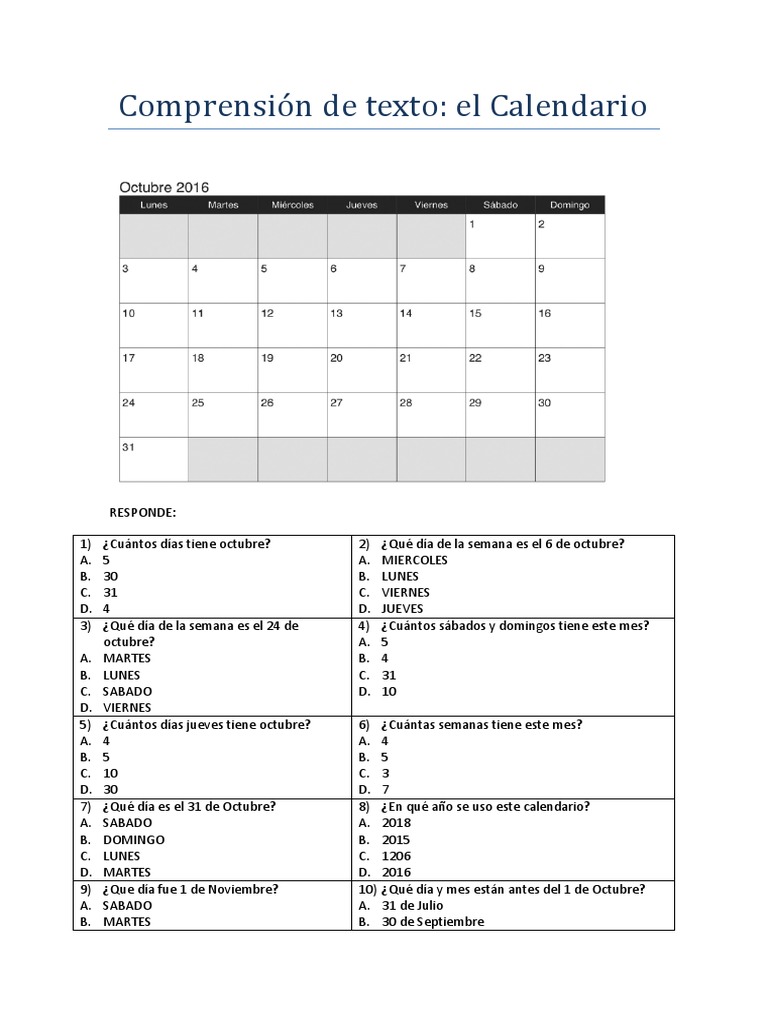 Comprensión El Calendario | PDF | Calendario
