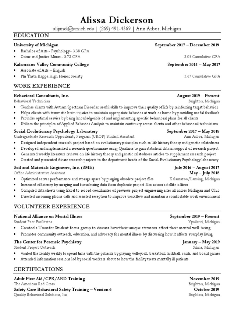Alissa Dickerson Resume | PDF | University Of Michigan | Mental Disorder