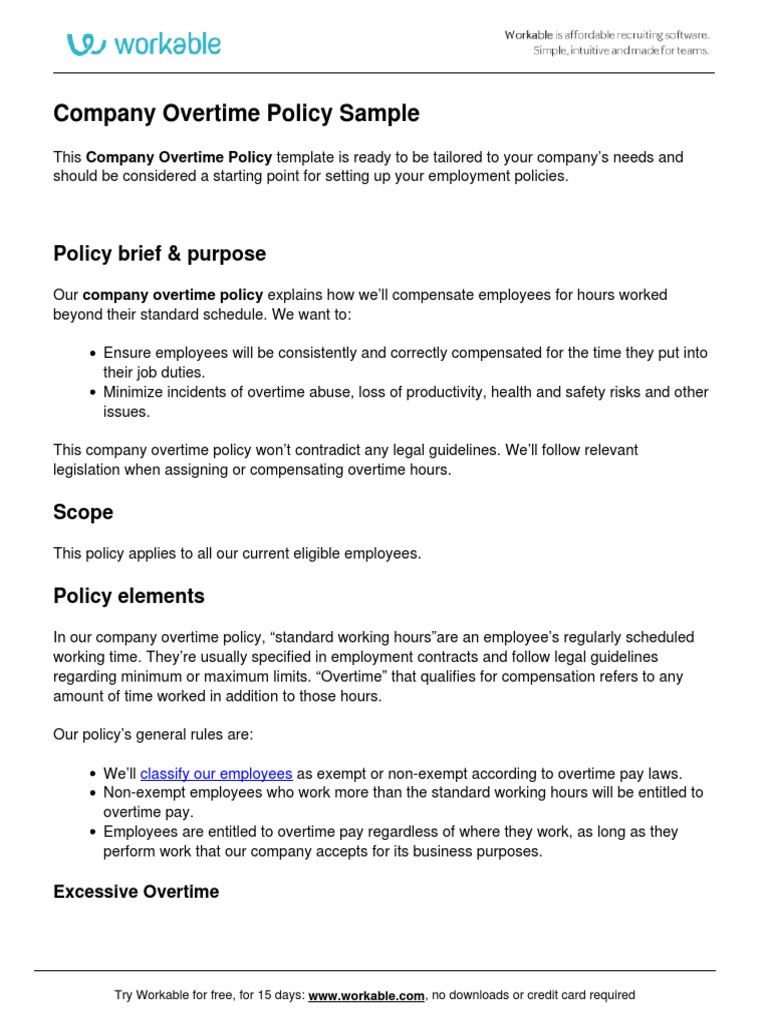Company Overtime Policy Sample | PDF | Overtime | Working Time