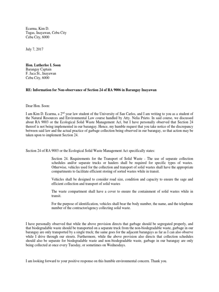 Request Letter | PDF | Waste | Waste Management