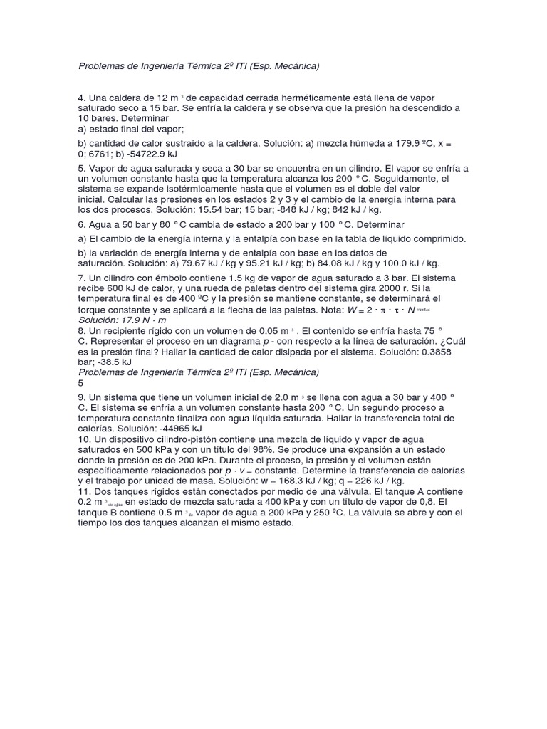 Problemas de Ingeniería Térmica | PDF | Calor | Entalpía