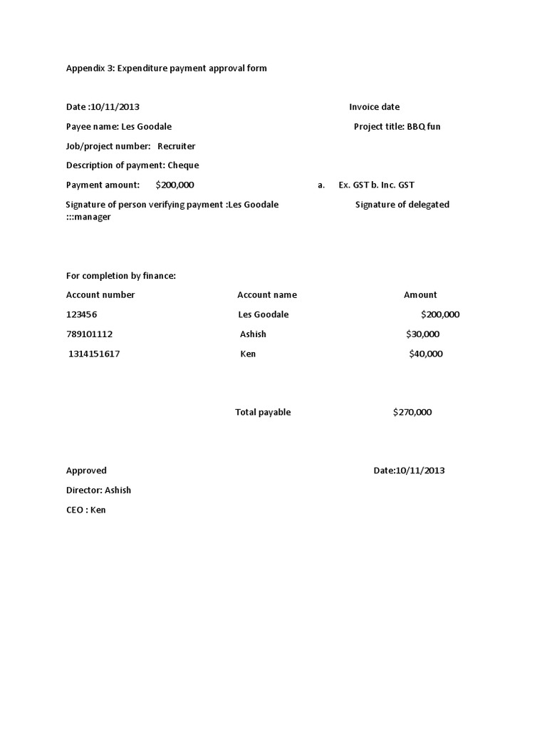 Appendix 3 Expenditure Payment Approval Form