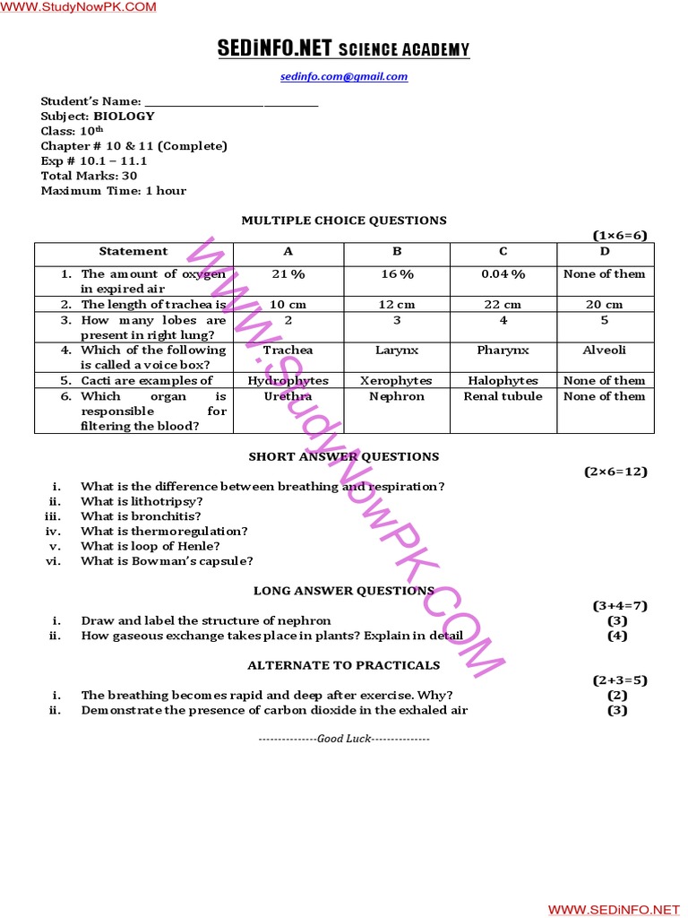 10 Class Biology Chapter Wise Test Series Pdf Reproduction Gene