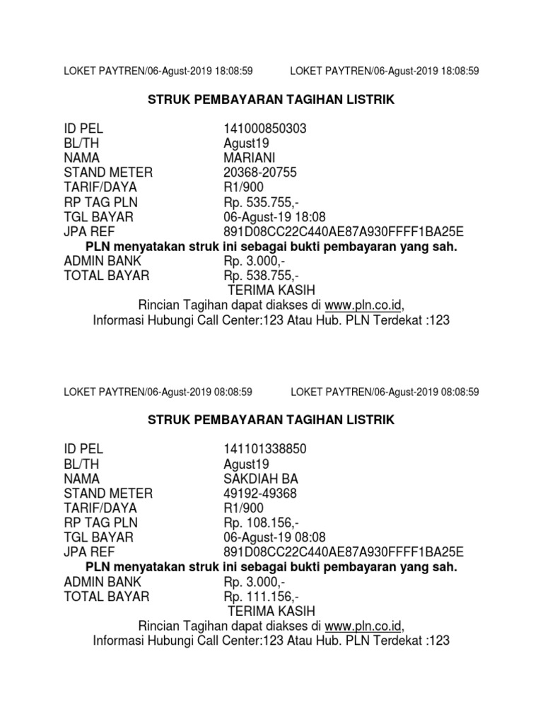 Contoh Struk Pembayaran Listrik | PDF