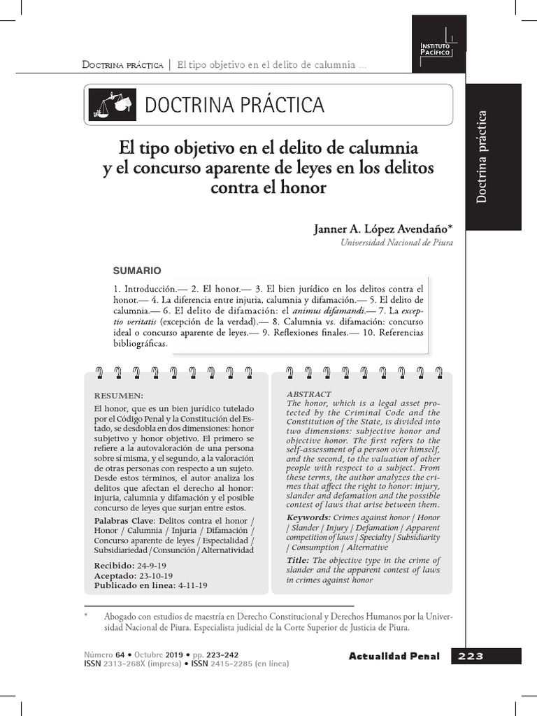 El Tipo Objetivo en El Delito de Calumnia y El Concurso Aparente de Leyes en Delitos Contra El ...